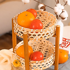 LiLaCraft 2-Tier Fruit Basket Removable Wicker Bamboo Serving Standing Trays, Tiered Serving Stands for Parties, Picnics, Kitchen, Serving Stands for Food Storage, Fruit and Dessert Holder