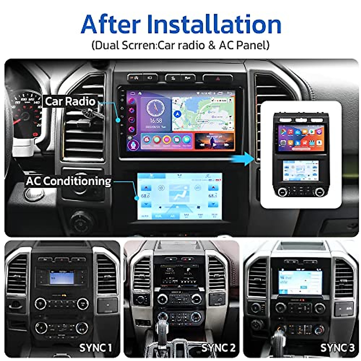 Dual Screen for Ford F150 Car Radio 2015 2016 2017 2018 2019 2020 2021 Head Unit Auto Stereo Multimedia Player GPS Navigation Carplay Touch Screen (4G+64GB)