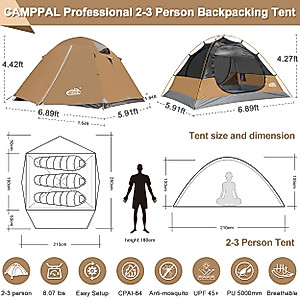 Camppal 2-3 Person Tent Backpacking Tent, Waterproof Windproof 4 Season Tent for Camping, Easy Setup Two Person Tent for Backpacking, Hiking, Hunting, Motor Cycling & Biking