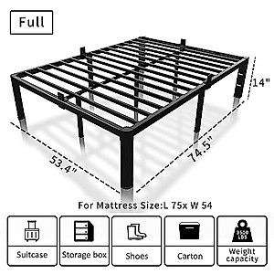 ROIL 14 inch Full Size Bed Frame with Headboard Hole and Round Corner Legs Mattress Retainers 3500LBS Heavy Duty Steel Slats No Box Spring Needed Platform Noise-Free Underneath Storage