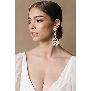 Gold Rhinestone Wedding Bridal Chandelier Dangle Earrings Sparkly Crystal Long Teardrop Statement Earrings for Women Brides Pageant Prom