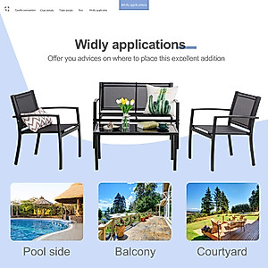 Meilocar 4 Pieces Patio Furniture, Textilene Metal Outdoor Furniture Set, Modern Conversation Set with Loveseat Tea Table, Small Outdoor Patio Chat Set for Backyard, Porch, Lawn and Balcony (Black)