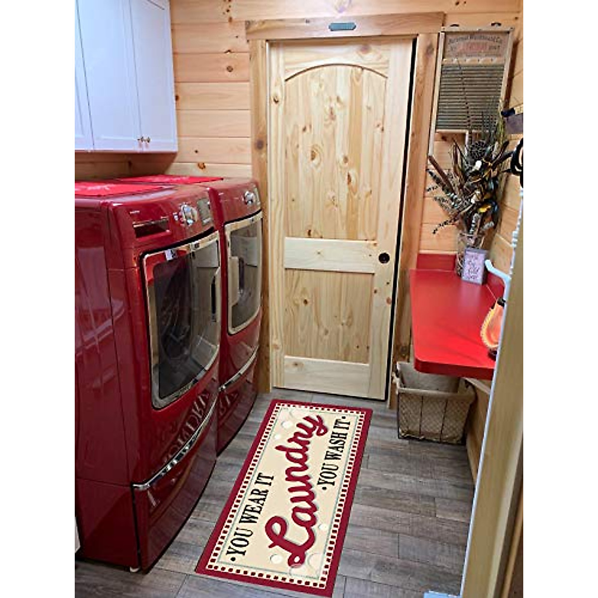Flytime Funny Laundry Room Mat Rug Non-Skid Rug Carpet Farmhouse Washhouse Mat Vintage Style Bathroom Rugs Red 16" X 40" Inches