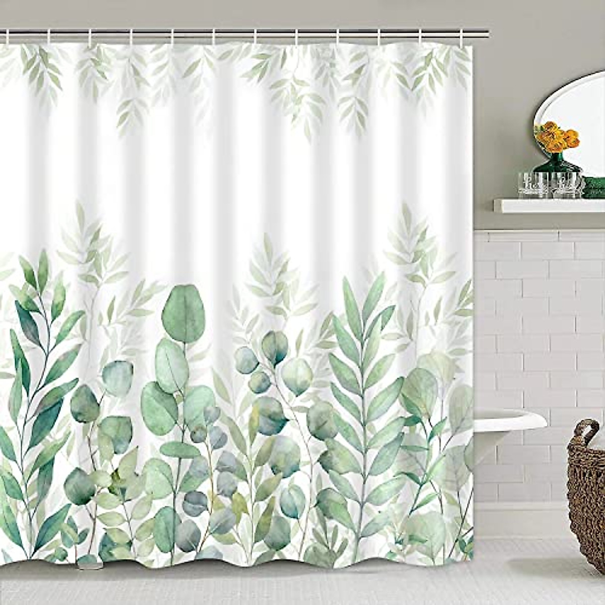DDQQ Green Leaves Shower Curtain Sets with Non-Slip Rug, Toilet Lid Cover and Bath Mat, Plant Leaves Shower Curtain Sets with 12 Hooks, Durable Waterproof Shower Curtain for Bathroom Set Decor