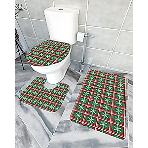 Christmas Bath Rugs for Bathroom Set 3 Piece Snowflake Red Green Diamond Plaid Non-Slip Washable Memory Foam Absorbent Bath Mat Rugs for Tub Shower,U-Shaped Toilet Floor Mats,Toilet Lid Cover