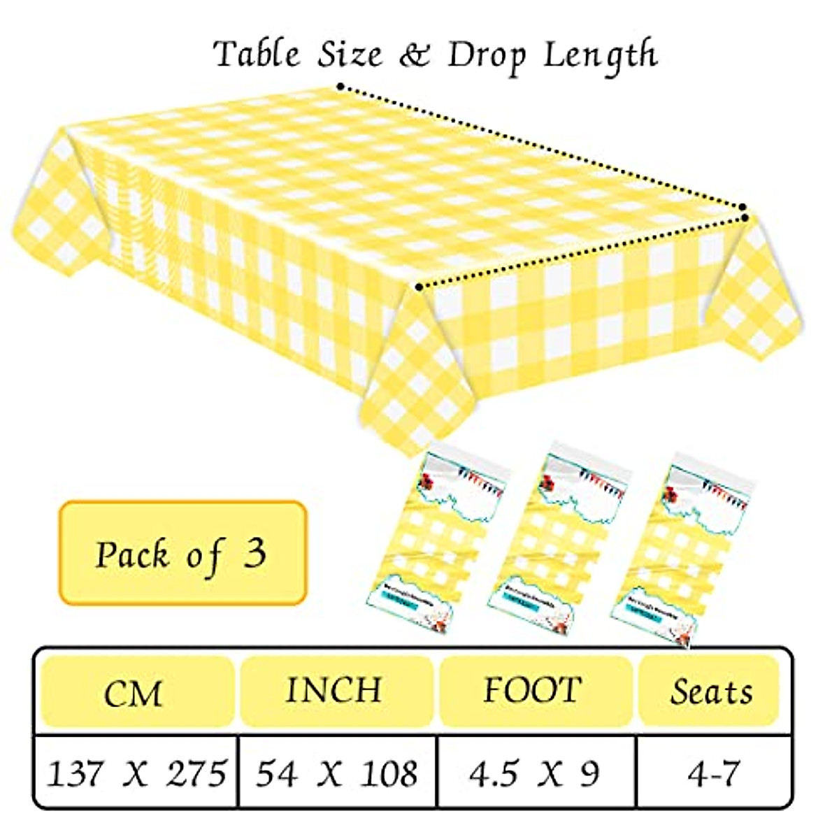 3 Pack Yellow Gingham Tablecloth 54 x 108 Yellow and White Checkered Table Cloth for Rectangle Table Disposable Plastic Table Cover for Party Outdoor Picnic Wedding Yellow Plastic Tablecloth