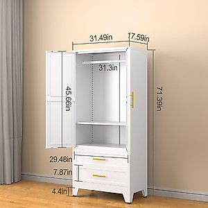 erosoei Metal Armoire Wardrobe Closet, 71 "Metal Clothing Storage Cabinet with Adjustable Shelves and Hanging Rod, Household Steel Wardrobe Storage Cabinet with Drawers (armoire-White)