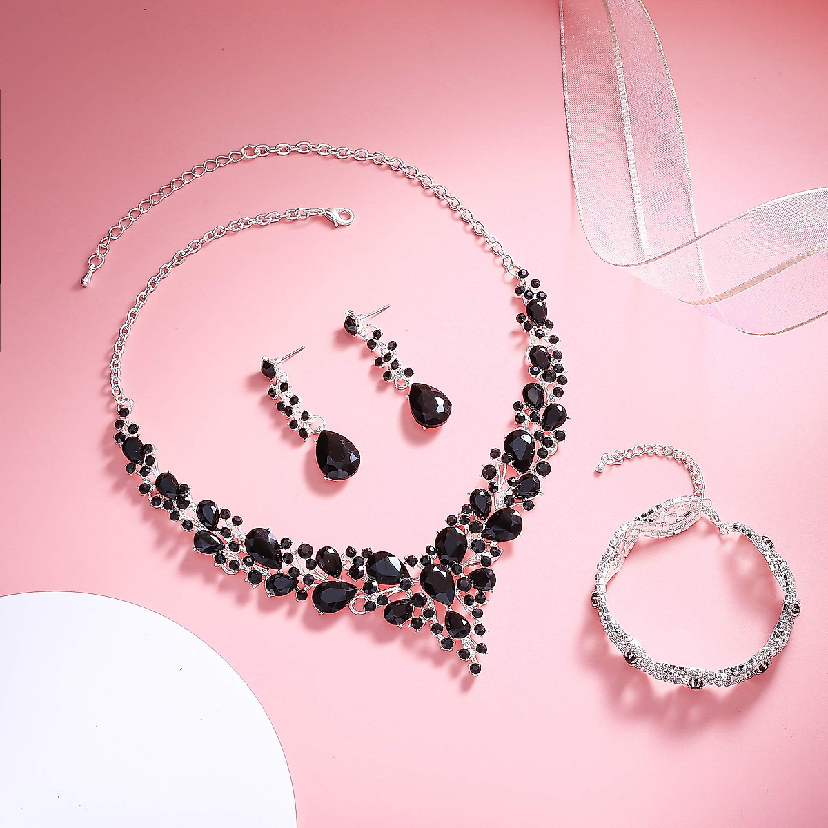 Paxuan Black Wedding Bridal Prom Jewelry Set Black Crystal Rhinestone Necklace Earrings Bracelet Jewelry Sets for bride bridesmaid Wedding (Black - Necklace + Earrings + Bracelet)