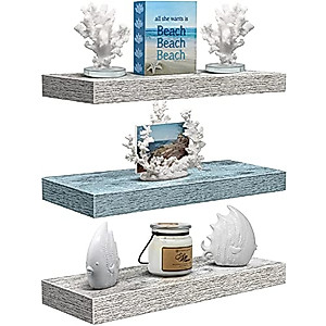 Sorbus Floating Shelf Set - Rustic Engineered Wood Coastal Beach Style Hanging Rectangle Wall Shelves for Home Décor, Trophy Display, Photo Frames, etc.(Blue/White, 3 Pack)