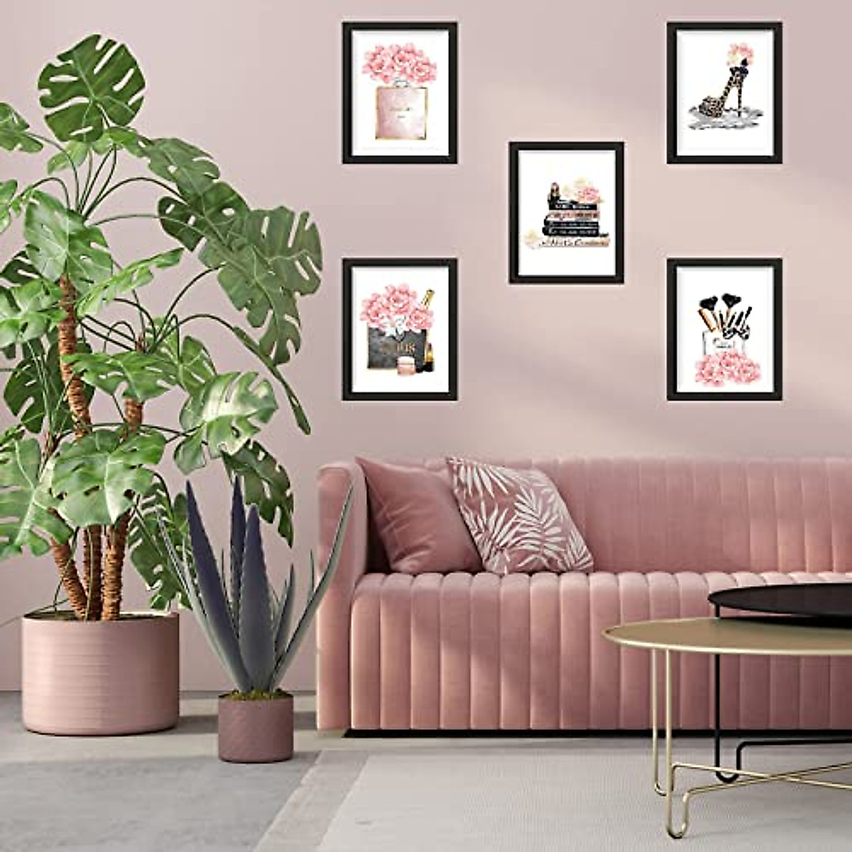 KALYLOC 6Pcs Pink Fashion Women Canvas Wall Art Prints, Pink Flower Perfume Makeup Brush High Heels Handbags Pictures Paintings, Art Decorations for Living Room Bedroom Office (8''x12'' in Unframed)