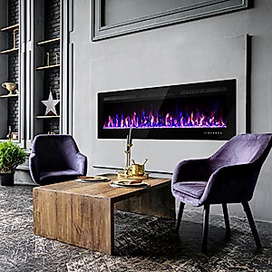 ALPACA 60" Electric Fireplace Recessed and Wall Mounted Linear Fireplace, 750/1500W the Thinnest Fireplace Low Noise Touch Screen with Timer and Remote Control Adjustable Multicolor Flame Color, Black
