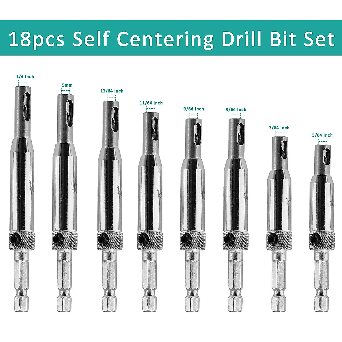 Aracombie 17pcs Self Centering Drill Bit Set for Metal Woodworking, 8 Sizes 1/4 Inch Hex Shank Vix-Bit Self-Centering Bits Hinge Centering Tool with Hex Key & 8 Replacement Drill Bits, 5/64-1/4 Inches