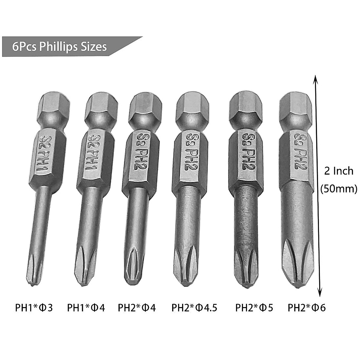 Saipe 10Pcs Magnetic Screwdriver Bit Sets 1/4 Inch Hex Shank Flat Slotted + Phillips Cross Head Screw Driver S2 Steel Drive Drill Bits for Electric Screwdrivers (2 inch/50mm Length)