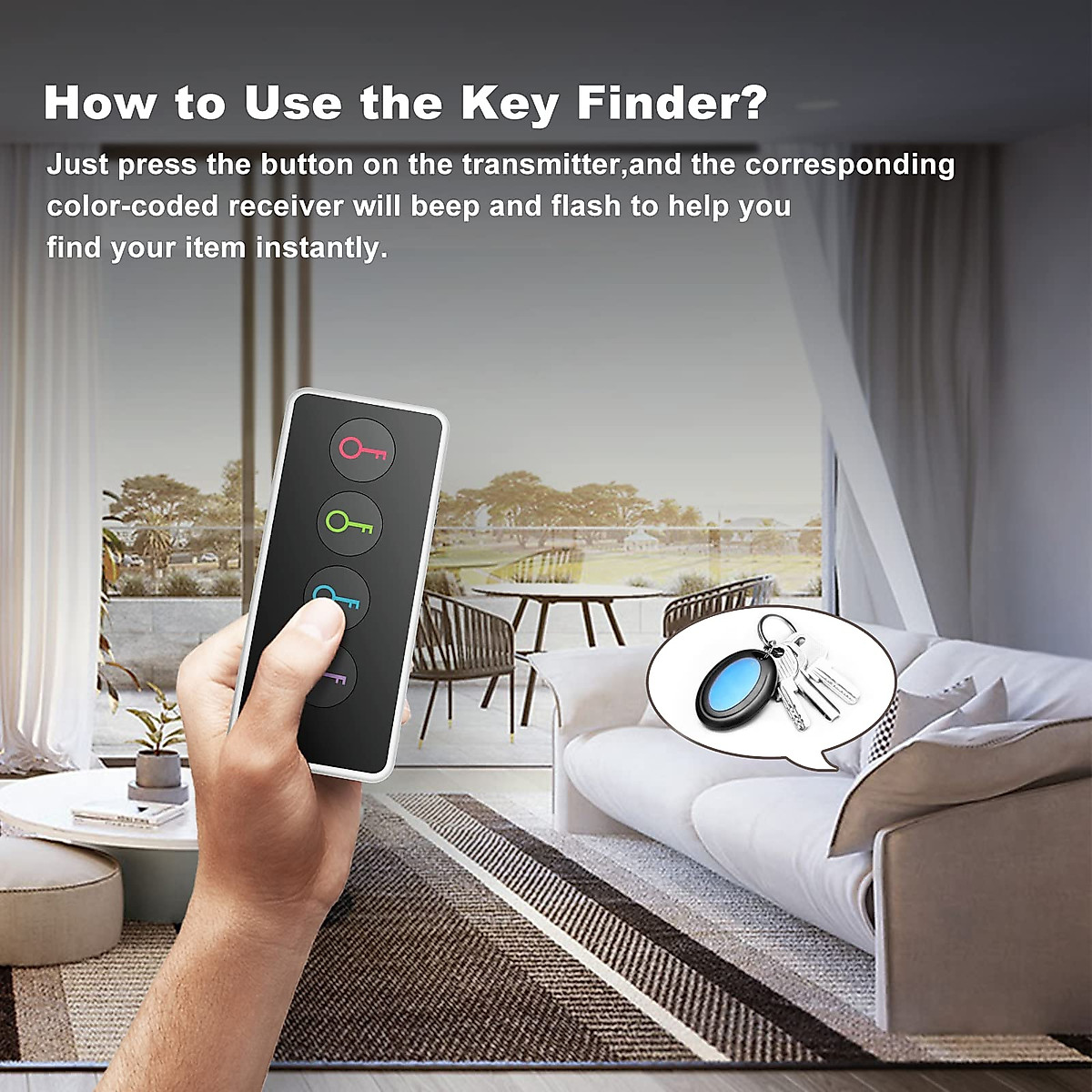 MYLAIM Wireless Key Finder with LED Light (131ft Range) - Easy-to-Use for Seniors - Locate Keys, Phones, Wallets, and TV Remotes - 4 Receivers, No App Required - Includes Batteries.