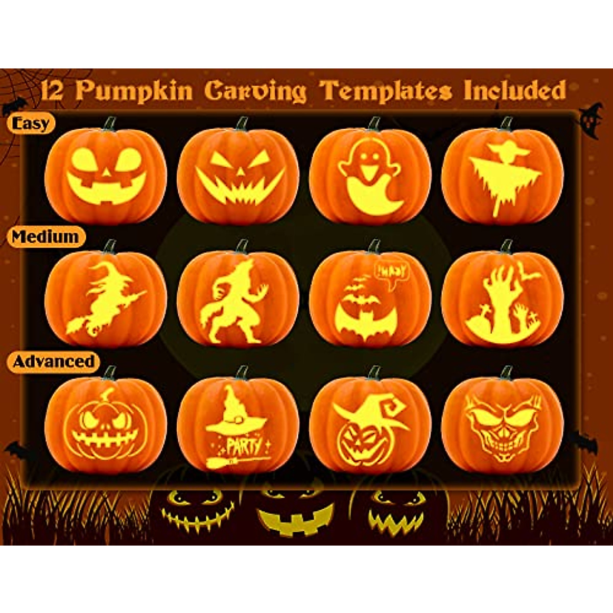 NESSTU Halloween Pumpkin Carving Kit Tools 23 PCS Heavy Duty Stainless Steel Pumpkin Carver Set with Stencils Candles, Lengthening and Thickening Simple & Safe Carving Tools for Kids & Adults