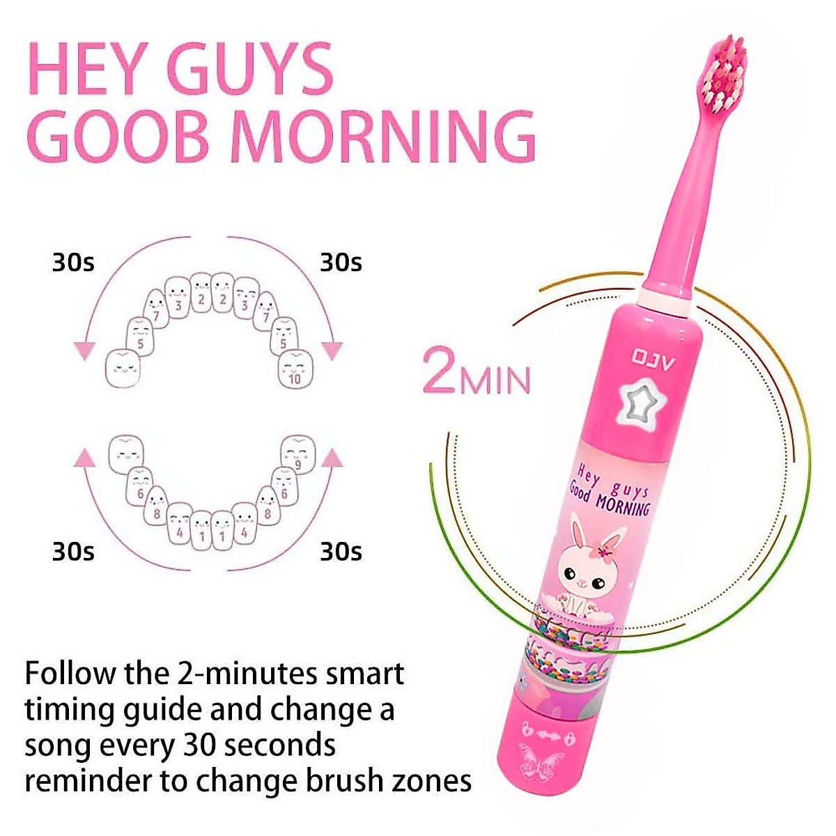 OJV 8620 Musical Electric Toothbrushes for Kids Children, 3 Modes 2 Min Timer, 6 Bristles Rechargeable Power Smart Sonic Music Play Song Toothbrush for Girls Age 3-14 with Wall Mounted Holder (Pink)