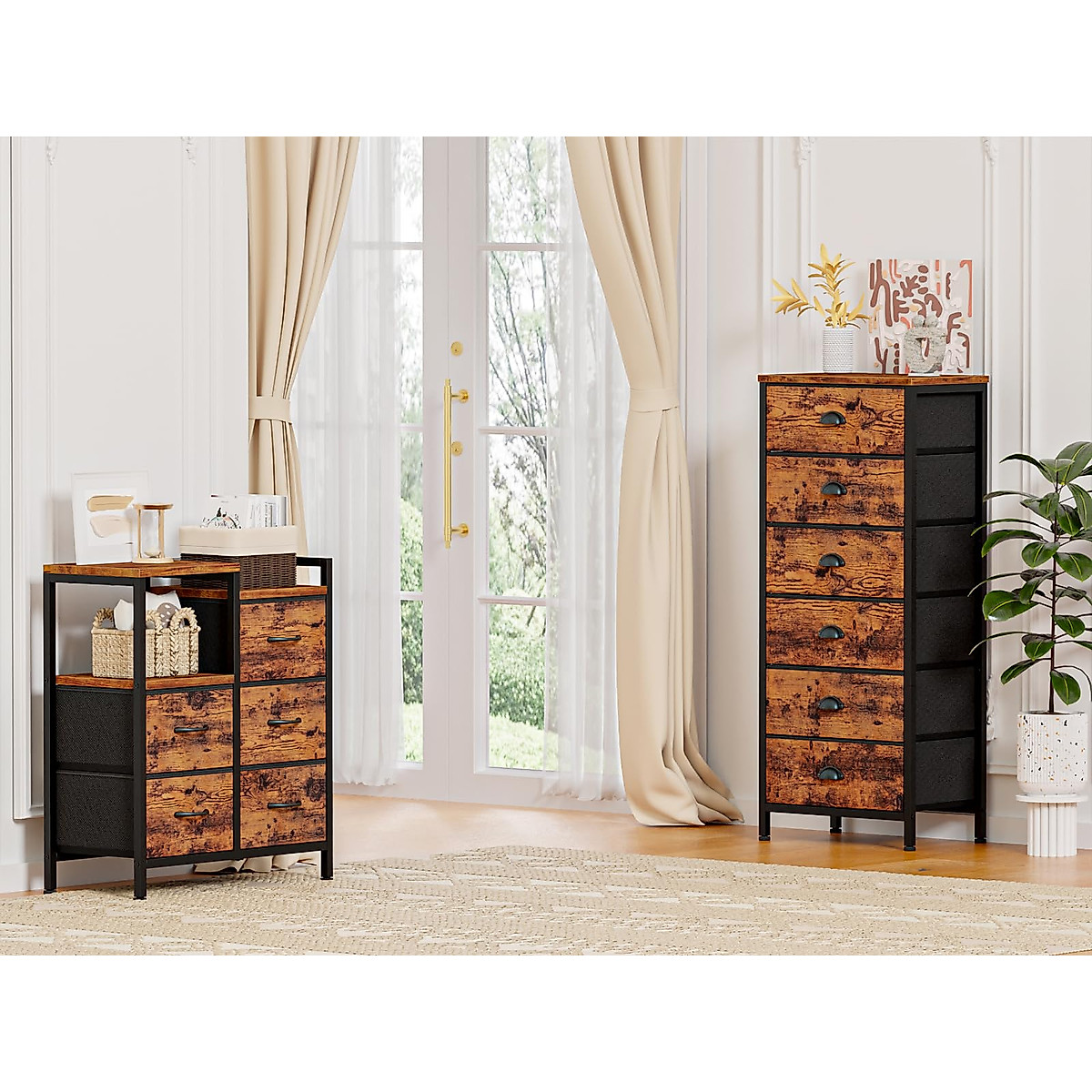 Furnulem Tall Dresser with 6 Drawers,Vertical End Table and Nightstand for Bedroom,Industrial Dorm Bedside Furniture with Fabric Storage Drawer Organizer in Living Room,Closet,Entryway(Rustic Brown)