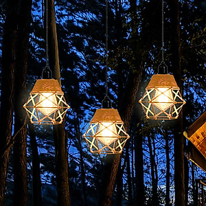 3er Pack Battery Operated Pendant Light Indoor Chandelier Hanging Lamp with Remote Control Timer LED Bulbs Boho Rattan Shade Outdoor Lantern for Gazebo Porch Patio Backyard Powered by 4*AA Batteries