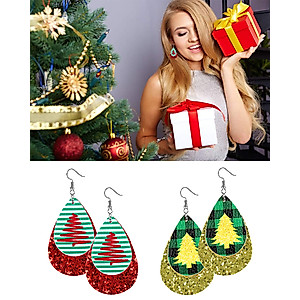 Leather Earrings for Women Christmas Xmas Earrings Teardrop Dangle Lightweight Faux Leather Earrings Holiday Earrings for Christmas New Year Party Decorations Supplies