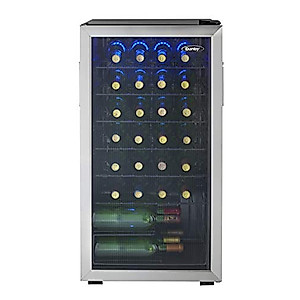 Danby DWC036A1BSSDB-6 3.3 Cu. Ft. Free Standing Wine Cooler, Holds 36 Bottles, Single Zone Fridge with Glass Door-Chiller for Kitchen, Home Bar, Stainless Steel