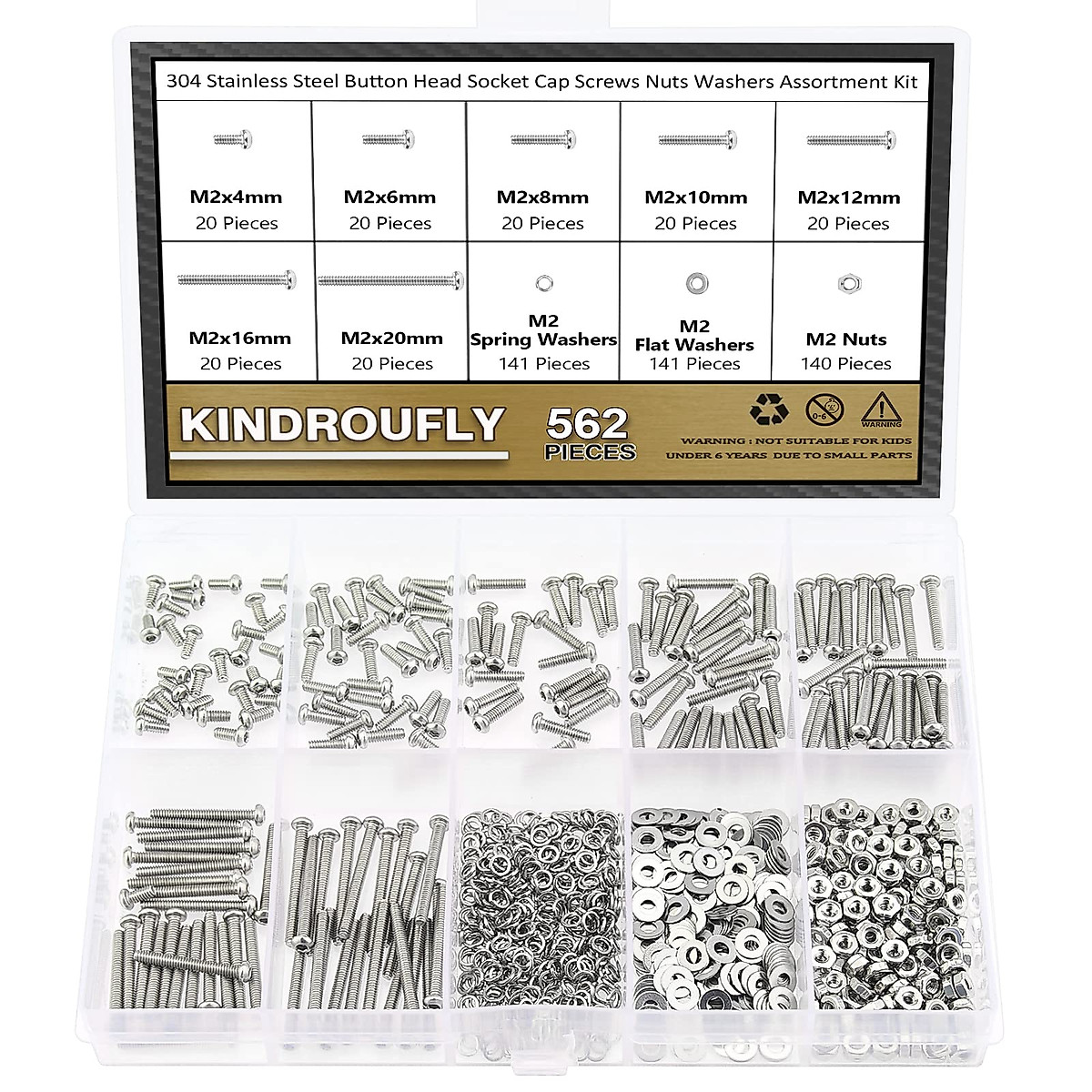 Kindroufly 562 Pieces M2 x 4/6 /8/10 /12/16 /20mm Button Head Socket Cap Screws Nuts Washers Assortment Kit, 304 Stainless Steel, Fully Machine Thread