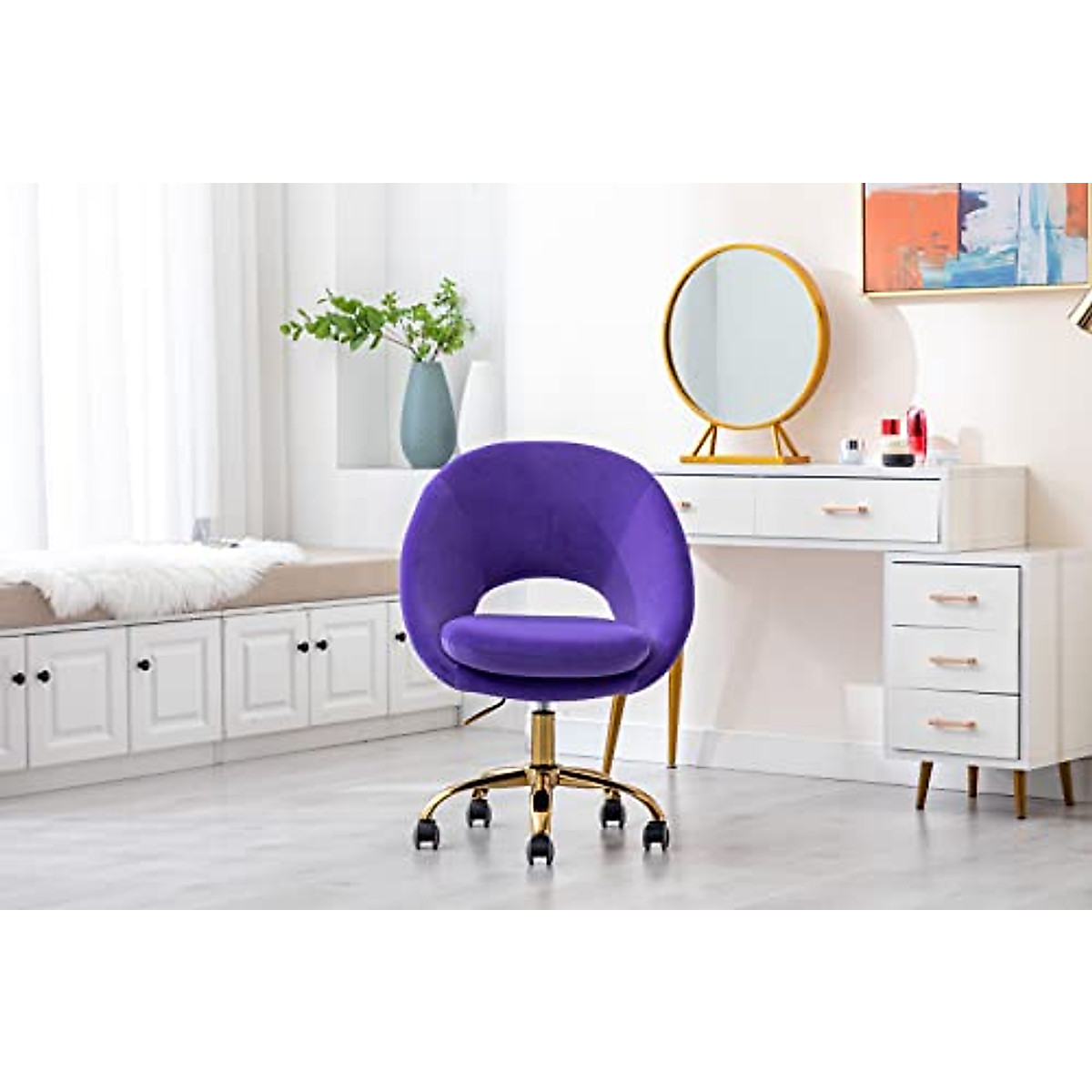 ZOBIDO Comfy Home Office Task Chair with Wheels, Cute Modern Upholstered Velvet Seashell Back Adjustable Swivel Vanity Desk Chair, for Women, for Kids, for Girls, Living Room, Bedroom (Purple)