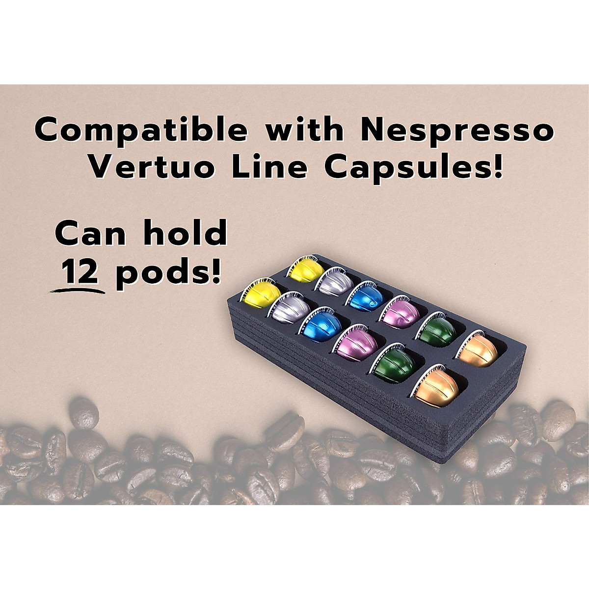 Polar Whale Coffee Espresso Capsule Drawer Organizer Tray Insert Compatible with Nespresso Vertuo VertuoLine for Kitchen Home Office Waterproof Washable Black Foam 12 Compartment 5.5 X 11.75 Inches