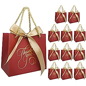 12Pack Red Thank You Gift Bags with Handles,Gold Foil Thank You Small Paper Bags Bulk with Golden Bow Ribbon for Wedding Baby Shower Party Favors Bridesmaid Celebration