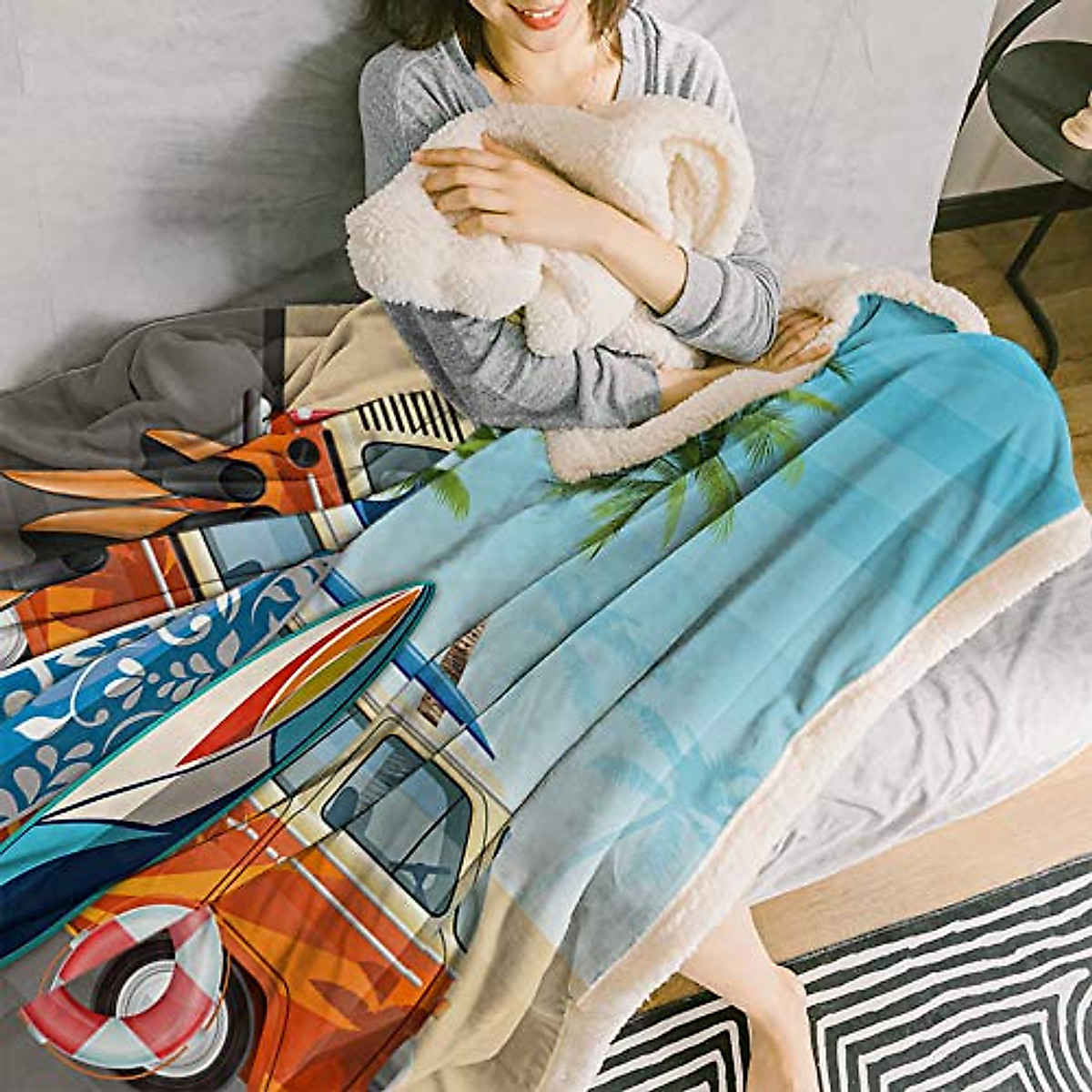 Summer Coastal Coconut Tree Surfboard Sherpa Flannel Throw Blankets Thick Reversible Plush Fleece Blanket for Bed Couch Sofa Decor Ocean Diving Theme,Ultra Soft Warm Fuzzy TV Blanket 50x60in