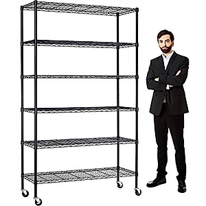 LLLstore 6-Tier Storage Metal Shelf Wire Shelving Unit 2100Lb Capacity Adjustable Heavy Duty Storage Rack with Wheels NSF Metal Shelf for Closet Kitchen Garage Basement, 82" H x 48" L x 18" D- Black