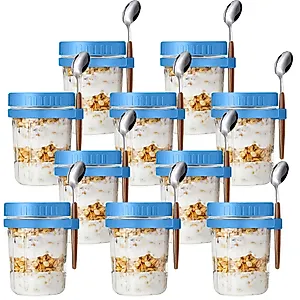 Irenare 10 Pack 10 oz Overnight Oats Containers with Lids and Spoons, Glass Airtight Oatmeal Overnight Oat Jars with Measurement Marks Airtight Jars for Milk Cereal Fruit (Blue)