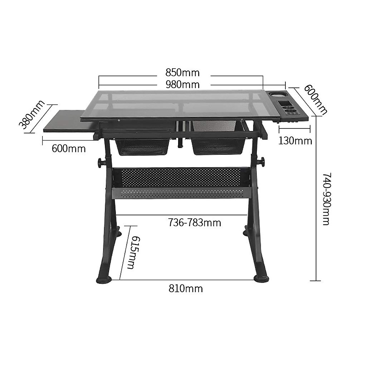 VejiA Drafting Table with Storage, Height Adjustable Tiltable Art Desk, Glass Panel Drawing Desk, for Work Study Painting Craft Table