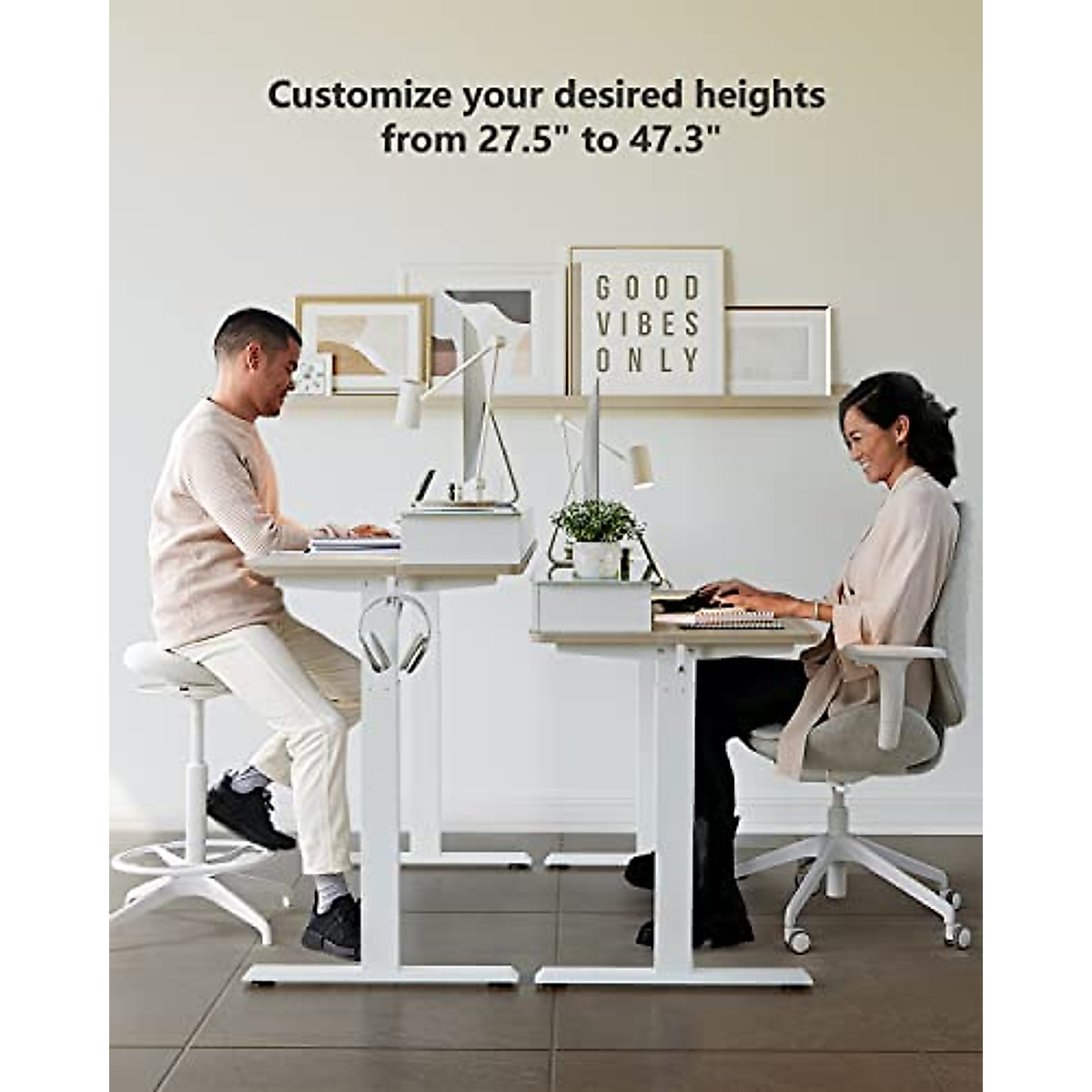 BANTI 48"x 26" Electric Standing Desk with Glass Top Monitor Stand, Adjustable Sit Stand Up Table with Double Drawer, Sit Stand Desk with Storage Shelf, Light Walnut Top