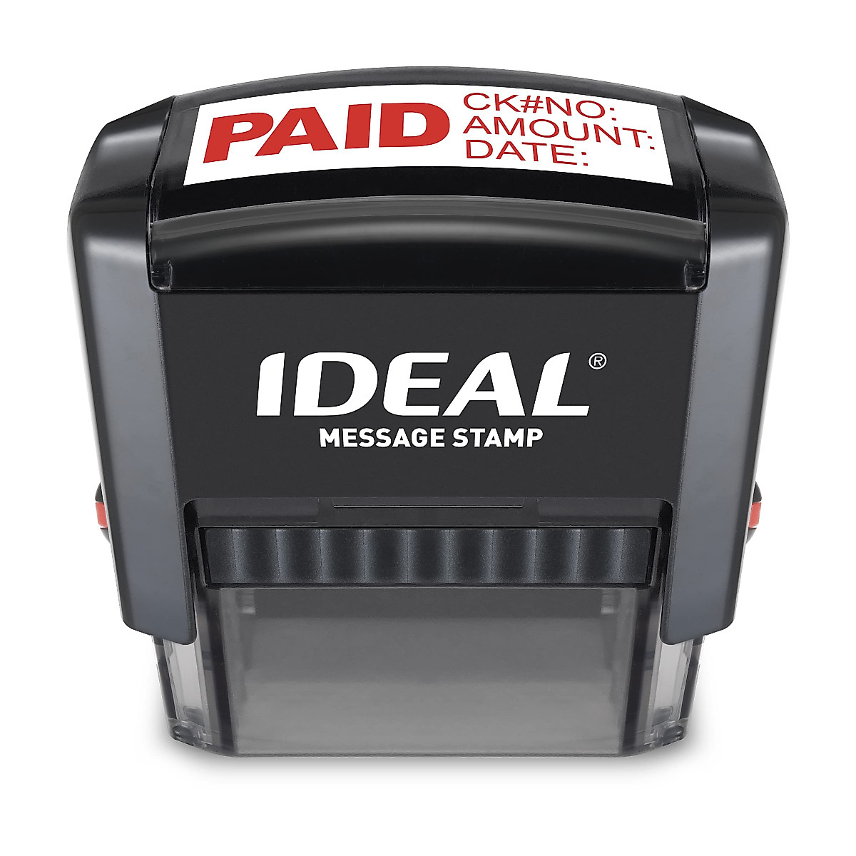 Self Inking Stamp – English Text Paid with Fill-in Fields Check No, Amount, Date – Red Ink, Impression Size 11/16” x 1-7/8”