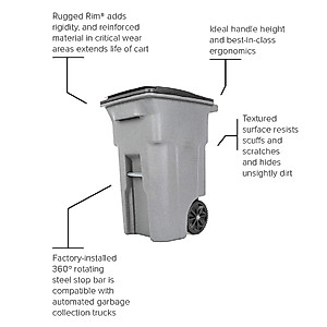 Toter 25564-R1209 Residential Heavy Duty Two Wheeled Trash Can, Blackstone, 64 Gallon