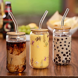 URMAGIC Drinking Glasses with Bamboo Lids and Glass Straw,2 Pcs 16oz Can Shaped Glass Cups,Beer Glasses,Iced Coffee Glasses,Glass Waster Tumbler,Glass Drink Cup,Clear Glass Cup for Cocktail, Whiskey