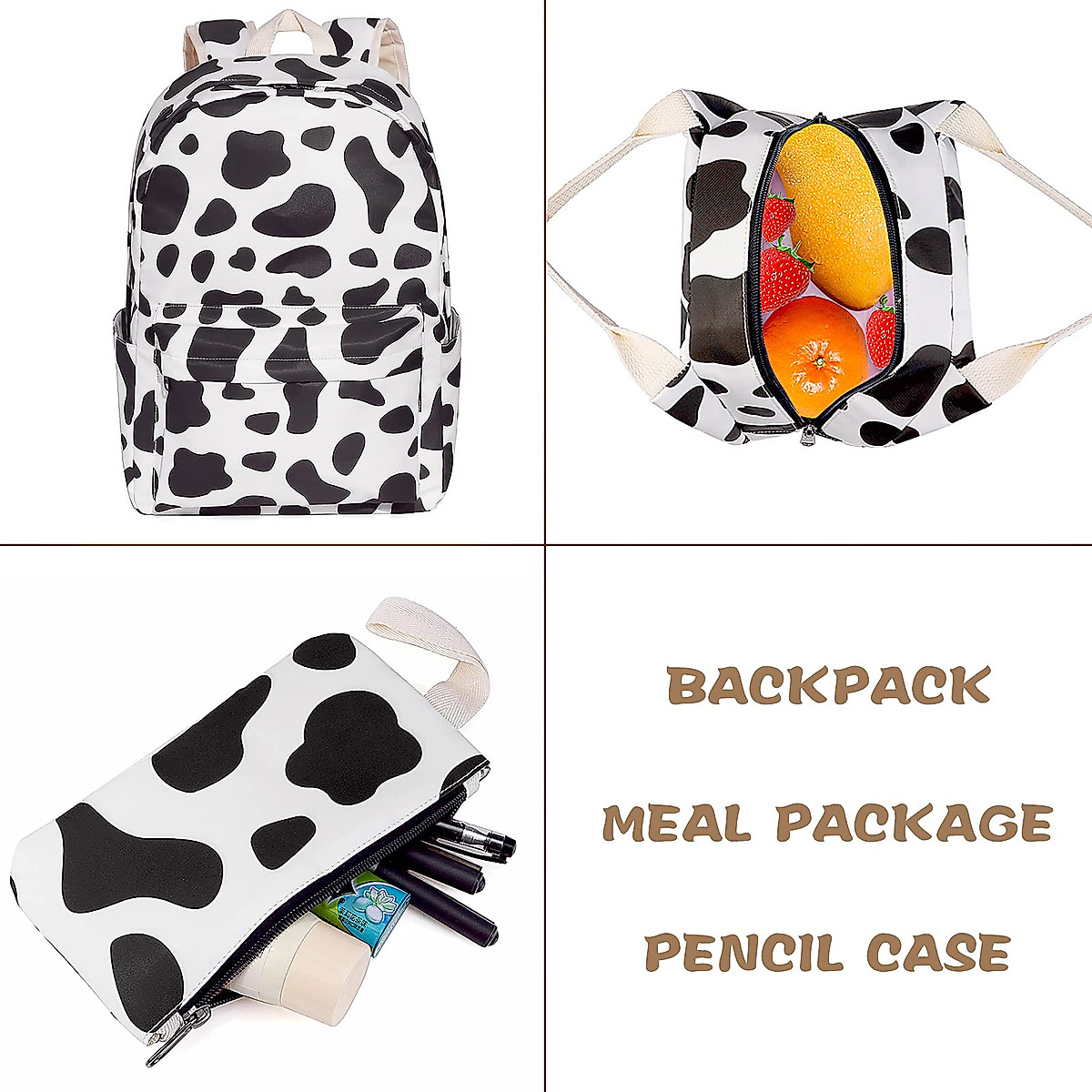 Cow Print School Bag Set, Junlion Laptop Backpack Lunch Bag Pencil Case White