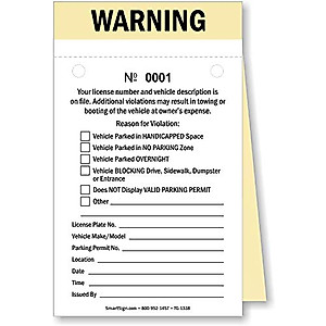 SmartSign NCR 2-Part Perforated Numbered Parking Warning Ticket | 3.75" x 6.25" Manila Tag with Adhesive Strips, Pack of 50