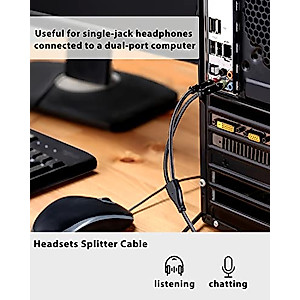 SOLMIMI Headset Splitter Cable for PC 3.5mm Crystal-Nylon Braid 3.5mm Female to Dual 3.5mm TRS Male Headphone Mic Audio Y Splitter Cable CTIA Gaming Headset to PC Adapter - Matte Black 0.3M
