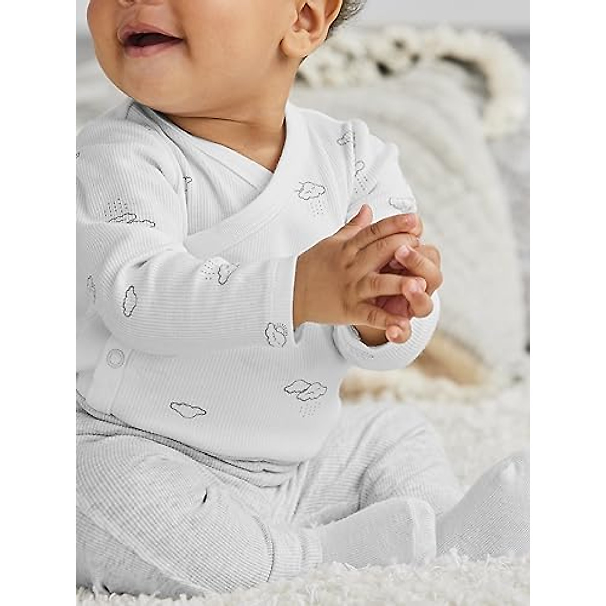 Simple Joys by Carter's Unisex Babies' Textured Bodysuits, Pack of 4, Jade Green Stripe/Light Grey/Olive/White Clouds, 12 Months
