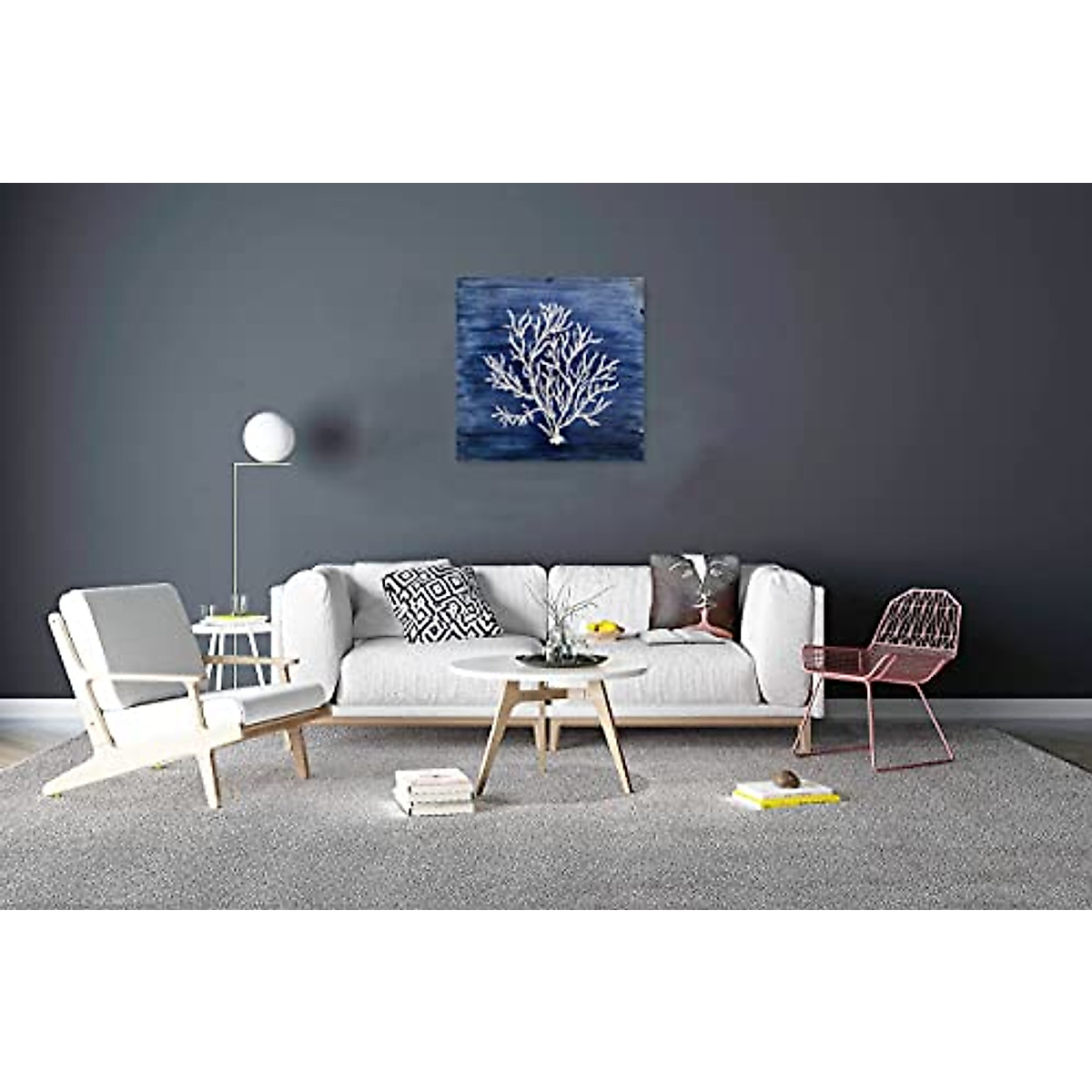 Yihui Arts Nautical Canvas Wall Art Hand Painted Navy Blue and White Coastal Painting Modern Abstract Tree Artwork for Living Room Bedroom Hall Way Decor