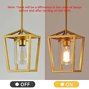 SGLfarmty 1-Light Gold Pendant Light, Farmhouse Cage Pendant Lighting Fixture for Kitchen Island, Lantern Pendant Lights Brass Finish with Glass, Modern Geometric Hanging Light for Foyer, Entryway