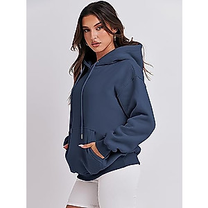 ANRABESS Women's Oversized Hoodies Long Sleeve Fleece Sweatshirts Solid Casual Hooded Pullover Kangaroo Pockets Loose Lightweight Fall Tops Y2K Clothes A1072dianlan-S Navy Blue