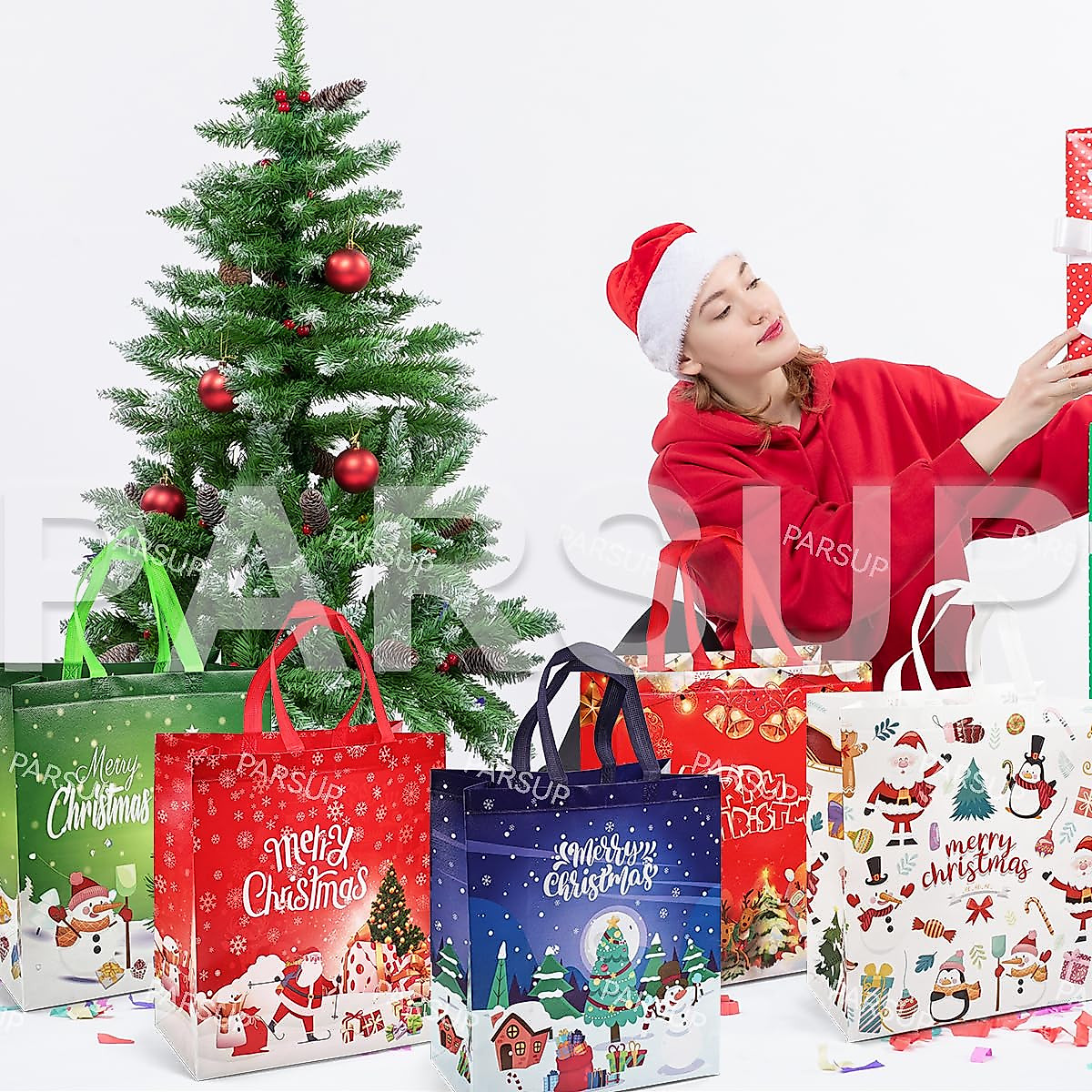 PARSUP 8PCS Large Christmas Gift Bags, Tote Bags with Handles, Christmas Treat Bags, Multifunctional Non-Woven Christmas Bags for Gifts Wrapping Shopping, Xmas Party Supplies, 15"×13.8"×5.9"