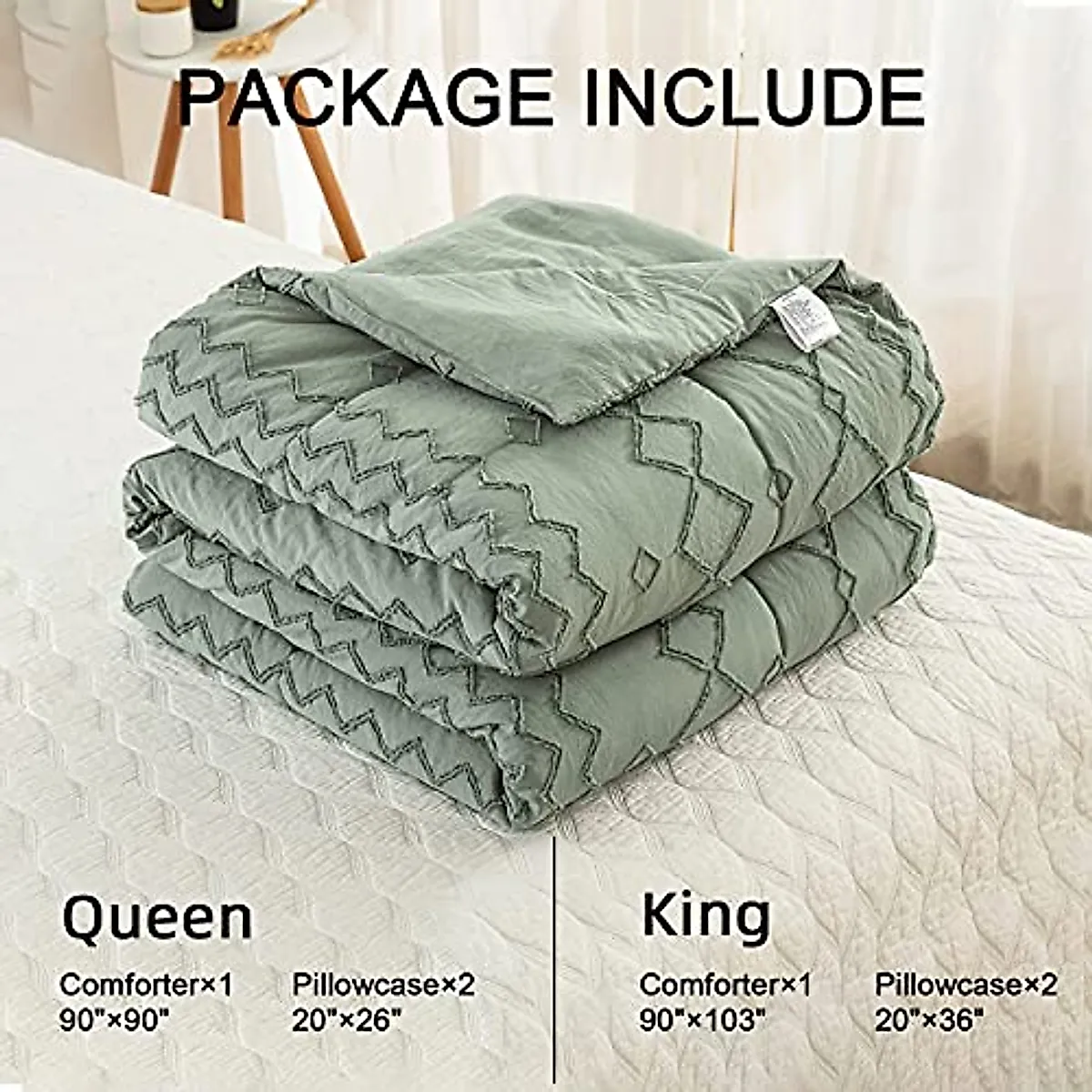 Green Tufted Comforter Set Queen Size (90×90 inches), Boho Shabby Chic Comforter Geometry Embroidery Bedding Set 3 Pieces (1 Comforter + 2 Pillowcases), Soft Microfiber Comforter for All Seasons
