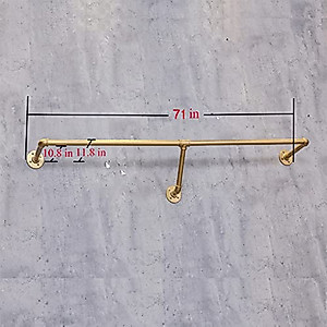 MDEPYCO Industrial Pipe Wall Mounted Towel Clothing Hanging Shelves System,Vintage Laundry Room Storage Rod,Metal Garment Rack for Clothes Retail Display Stand (71" L x 11.8" D, Gold)