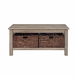 Walker Edison Alayna Mission Style Two Tier Coffee Table with Rattan Storage Baskets, 40 Inch, Driftwood
