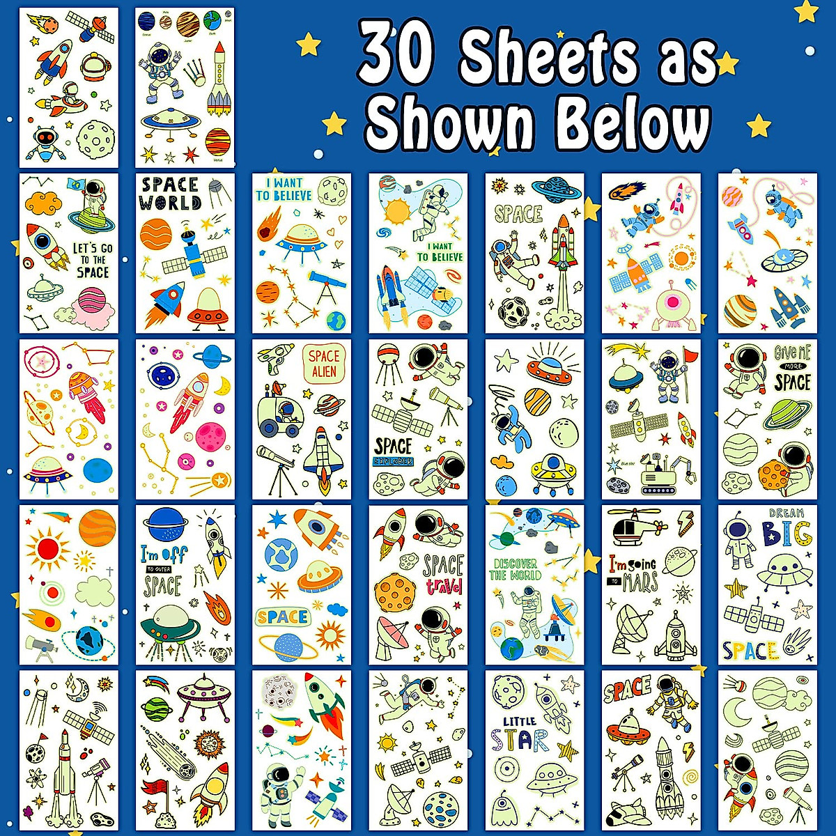 Partywind 290 Styles (30 Sheets) Luminous Space Tattoos for Kids Party Decorations, Glow Outer Space Party Supplies Favors with Astronaut/Rocket/Planet, Kids Games for Glow Party