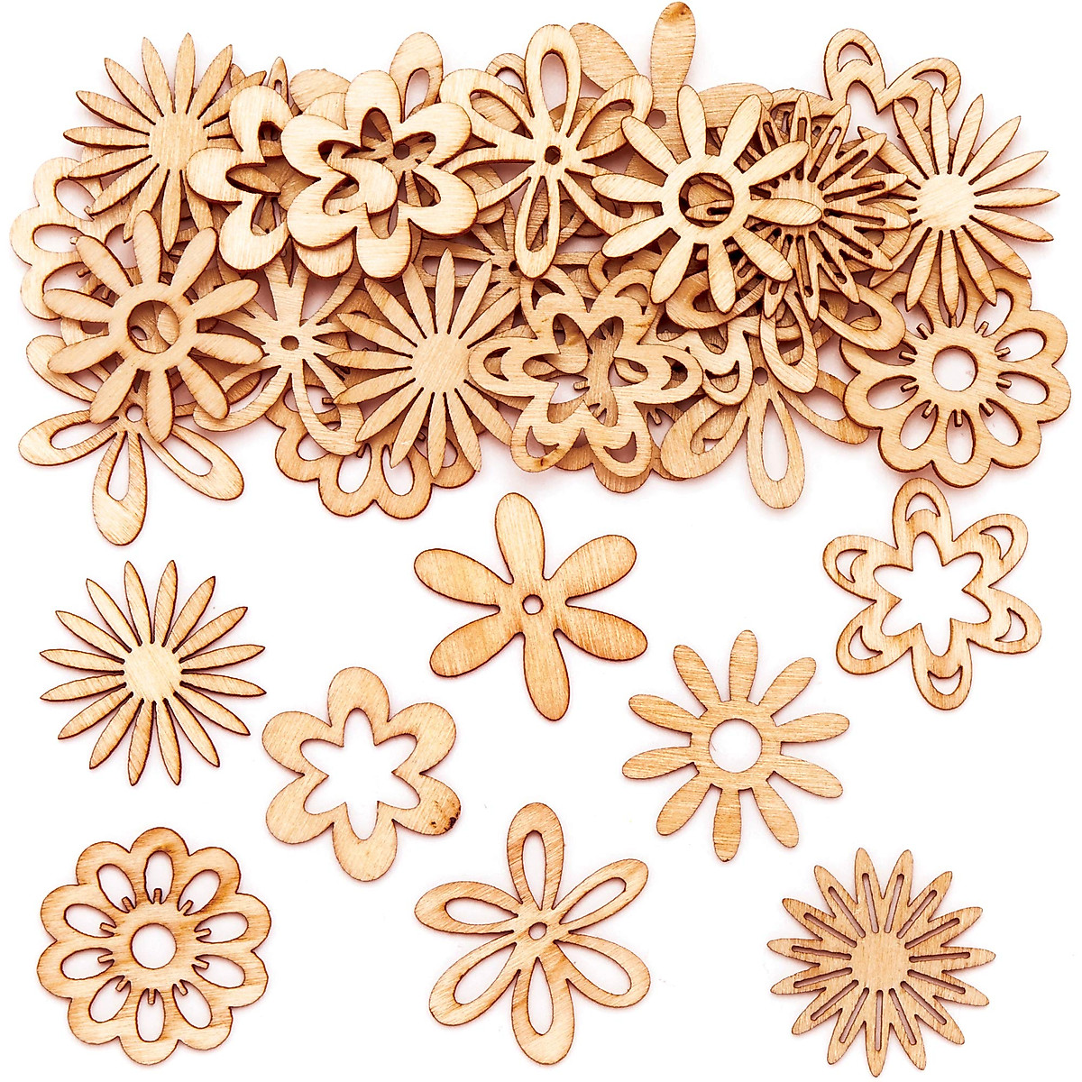 Baker Ross AT474 Flower Mini Wooden Shapes - Pack of 45, Woodcrafts for Kids to Design, Paint, Decorate and Then Use