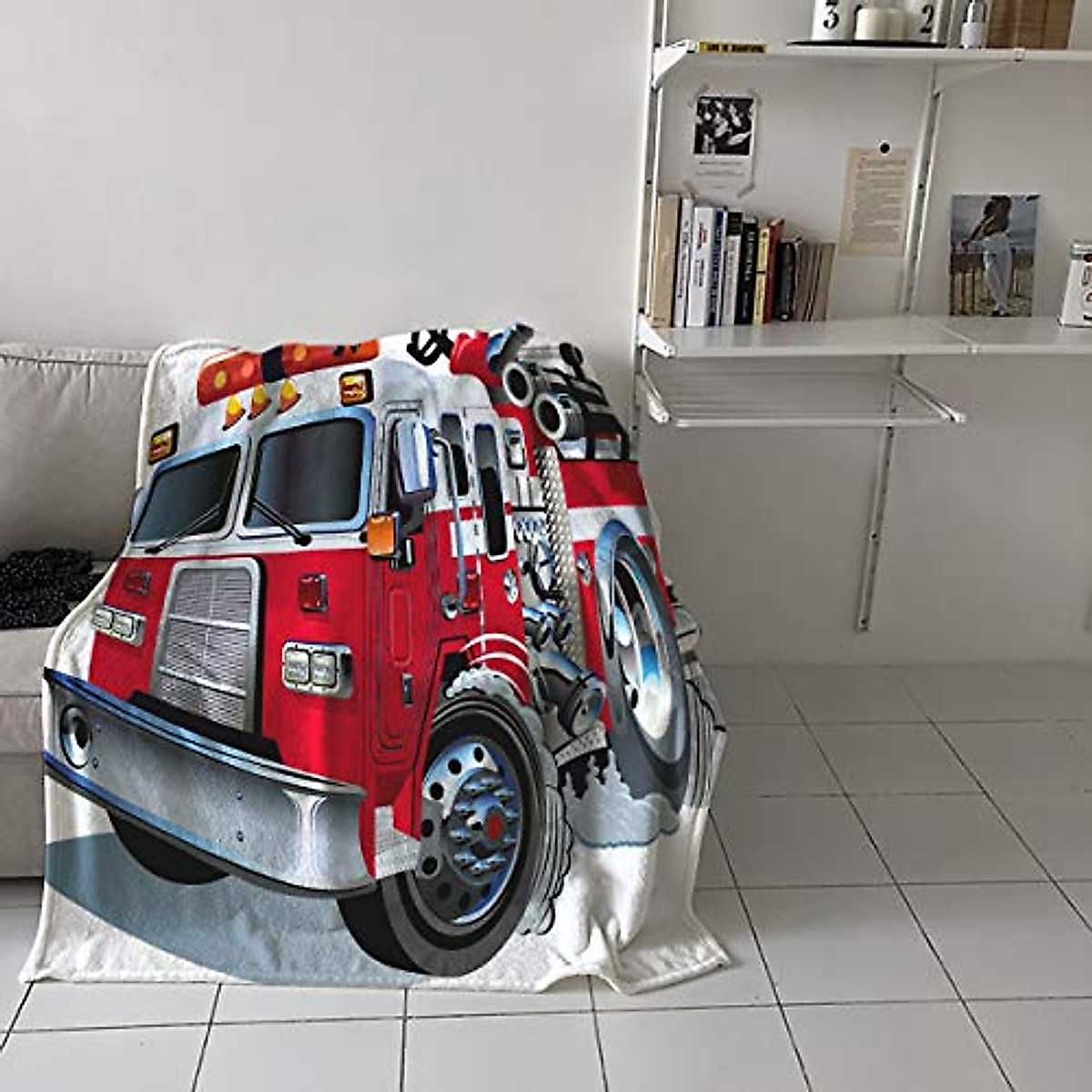 Lightweight Warm Luxury Throw Blanket Fannel Fleece Twin Size Bed Blanket Big Fire Truck Safety Rescue Team Engine Cartoon Print Super Soft Reserviber Blanket for All Season Bed Couch Sofa 39x49 Inch